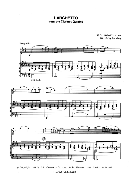 Mozart: Larghetto, from Quintet, K. 581 arranged for clarinet & piano ...