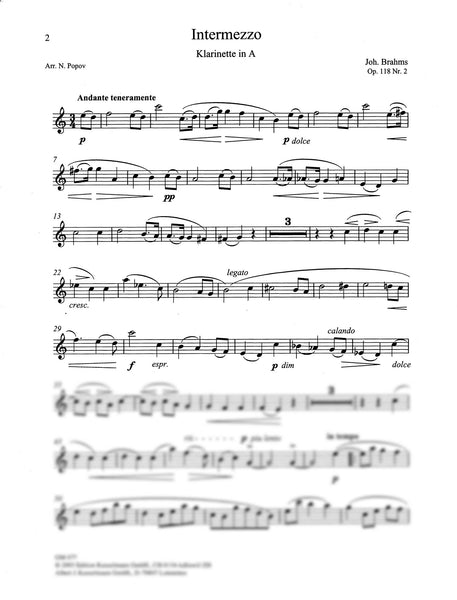Brahms: Intermezzo, Op 118 No. 2 arranged for Clarinet & Piano | CAMco ...