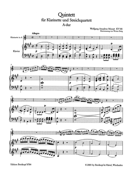 Mozart Clarinet Quintet K 581 clarinet & piano arrangement | Breitkopf ...