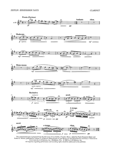 Zeitlin, Leo: Khsidisher tants, for Clarinet & String Quartet | CAMco ...