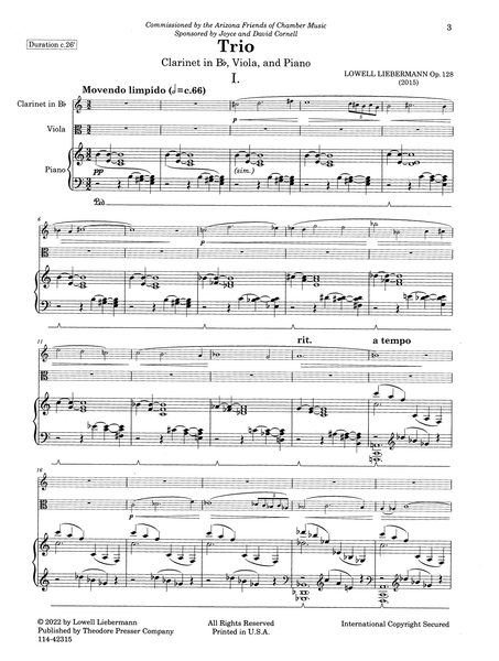Liebermann, Lowell: Trio, Op. 128 for Clarinet, Viola & Piano | CAMco ...