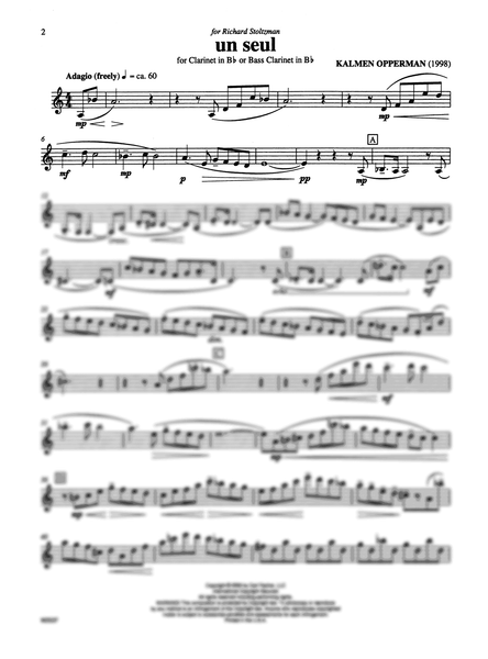 Opperman, Kalmen: Un Seul, for unaccompanied bass clarinet | CAMco ...