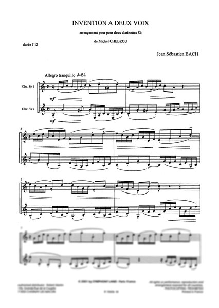 Bach, J.S.: Invention in A Minor, BWV 784, arranged for clarinet duet ...