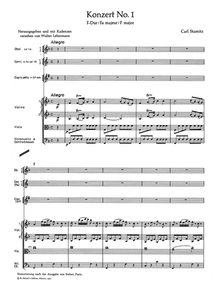 Stamitz, Carl: Clarinet Concerto No. 1 in F Major, full score | CAMco ...