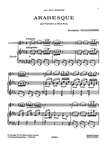 Tailleferre, Germaine: Arabesque, for Clarinet & Piano | CAMco – CAMco ...